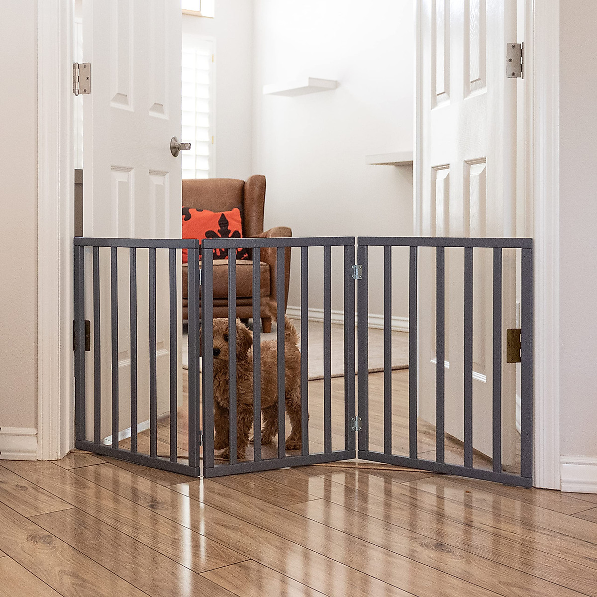Primetime Petz - Best Freestanding, Hard Wood, Folding Pet Gate, Indoor Dog Fence for Home,Gray