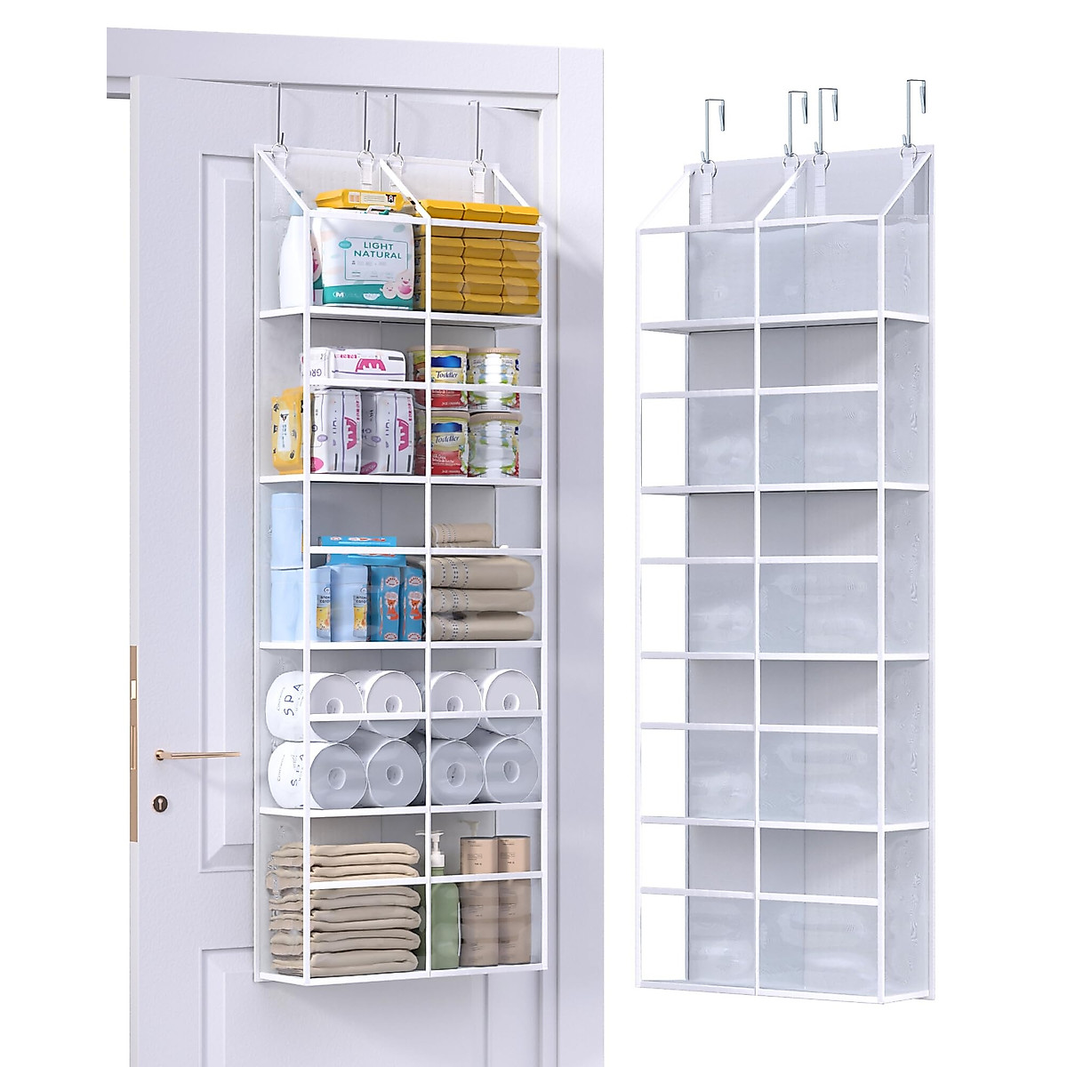 ALLTIDYUP Clear Over The Door Organizer 5 Shelf, Door Hanging Organizer with 10 Large Capacity Pockets, Behind The Door Storage for Pantry Dorm Room Bedroom Closet Nursery and Sundries, White