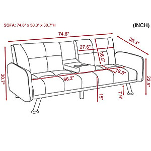 FULife Futon Sofa Convertible Sleeper Couch Bed Daybed Loveseat, Folding Recliner with 2 Cup Holders, Metal Legs, Removable Soft Pillow-Top Armrest for Living Room Small Place, Light Gray 66.1