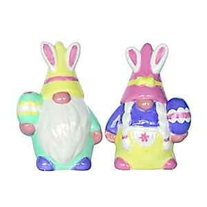 Gnome Couple with Bunny Ears Holding an Egg Easter Salt & Pepper Shaker Set Collectible Figurine by Shelly Cominsky. 3.75in tall