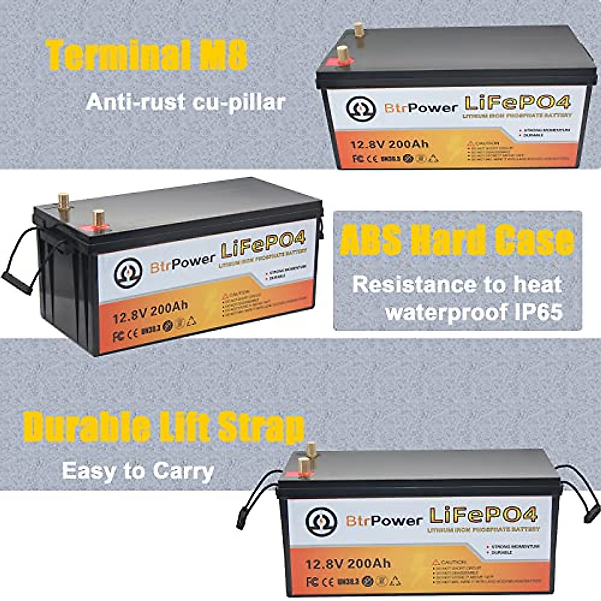 BtrPower 12V 200AH Lithium Battery,5000+ Deep Cycle LiFePO4 Battery with Built-in 200A BMS fit for Home Storage,Trolling Motor,RV,Off-Grid System,Solar Power System,Marine