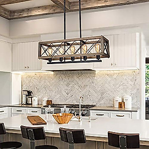LALUZ Farmhouse Chandelier, 5-Light Chandeliers for Dining Room, 32" Rustic Wood Kitchen Island Lighting