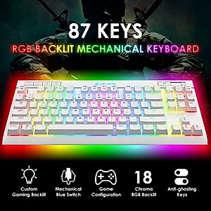 ZIYOU LANG Mechanical Gaming Keyboard,Chroma RGB 18 Kinds LED Backlit Keyboard with Wired Type C,87 Keys Anti-ghosting,Blue Switch and 4 Low Profile Switch Scroll Wheel for PC Gamers