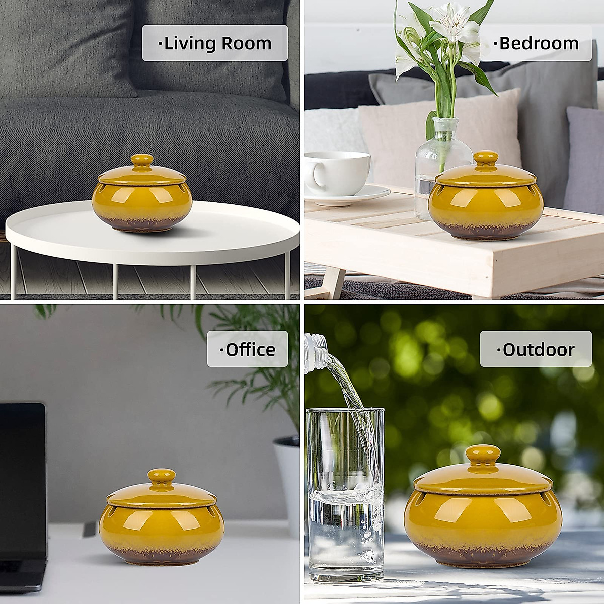 SRECATY Transmutation Glaze Ceramic Ashtray with Lid for Cigarette Outdoor Windproof Ash tray Sets for Smokeless Home Ashtrays Outside for Patio Garden Balcony - Yellow