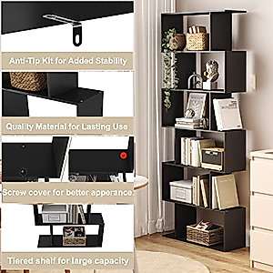 HOMEFORT Wooden Geometric Bookshelf,6-Tier S-Shaped Bookcase,6 Shelf Morden Bookshelves,Unique Freestanding Tall Book Shelf and Book Case for Bedroom and Living Room Home Office,Black