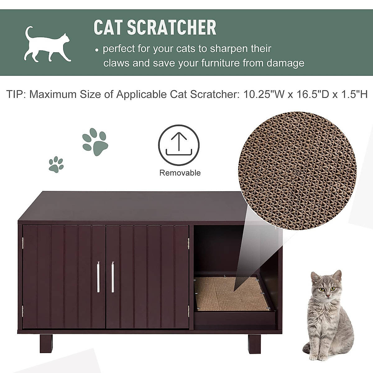 PawHut Wooden Cat Litter Box Enclosure & House, Kitty Hidden Washroom, with End Table Design, Scratcher, & Magnetic Doors, Brown