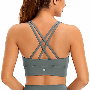 CRZ YOGA Womens Butterluxe Strappy High Neck Longline Sports Bra - Wireless Criss Cross Back Padded Workout Cropped Top Grey Sage Large