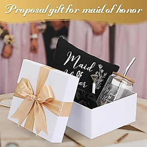 Umigy Bridesmaid Maid of Honor Glass Cup Gift Box Set of 5 Glass Cup with Lid Makeup Bag Scrunchies Hair Tie Diamond Ballpoint Proposal Gift with Raffia for Wedding (Black, White)