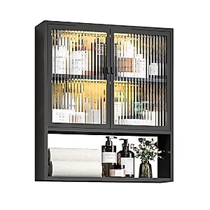 OSEILLC Bathroom Wall Cabinet, Metal Bathroom Wall Cabinet with Glass Doors and Lights, Black Bathroom Storage Cabinet, Over The Toilet Cabinet, Bathroom Medicine Cabinets