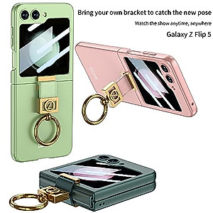 Phone flip case Slim Case Compatible with Samsung Galaxy Z Flip 5 Case with Outer Screen Protector Case,Thin Hard PC Case Fashion Protective Case with Built-in Metal Ring Phone Cover (Color : Green)
