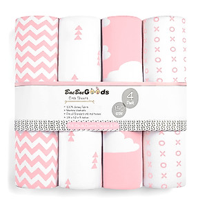 BaeBae Goods Premium Crib Sheets for Baby Girls, 4 Pack, Soft and Breathable Jersey Knit Fitted Sheet Set, Pink and White, Cute Girls Nursery Mattress Bedding, Universal Fit