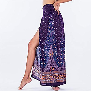 LOFBAZ Slit Leg Palazzo Yoga Pants for Women Girls Maternity Summer Beach Pajama High Waisted Boho Harem Pants Womens Clothing Peacock 1 Purple Gold L