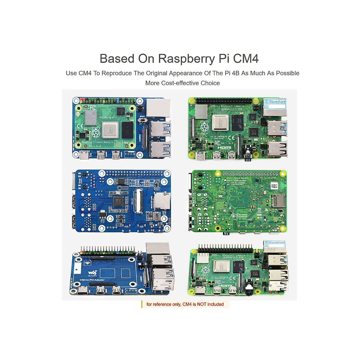waveshare CM4 to Raspberry Pi 4B Adapter, Alternative Solution for Raspberry Pi 4B, Onboard Standard CM4 Connector, 4-CH USB 3.0 Ports, RJ45 Gigabit Ethernet Port, PoE Header etc.
