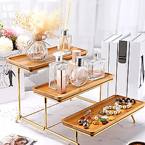 Thyle 2 Pcs 3 Tier Serving Trays Stand Rectangle Bamboo Tiered Serving Platters Dessert Table Display Set with 4 Pcs Tongs Trays with Metal Rack for Easter Wedding Party Food Cupcake(Gold)