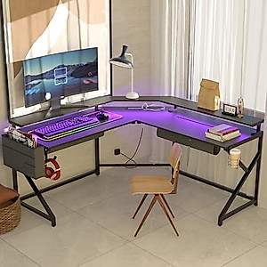 L Shaped Gaming Desk with Power Outlets, 51.5" Computer Desk with Cup Holder and Headphone Holder,Corner Desk Home Office Desk with Glowing Mouse Pad，Black