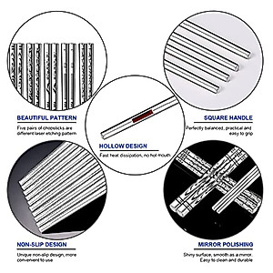 Tvkiadv Metal Chopsticks 5 Pairs Stainless Steel Reusable Chopsticks Laser Engraved Square Lightweight Non-Slip Chop Sticks Gift Set Dishwasher Safe for Cooking