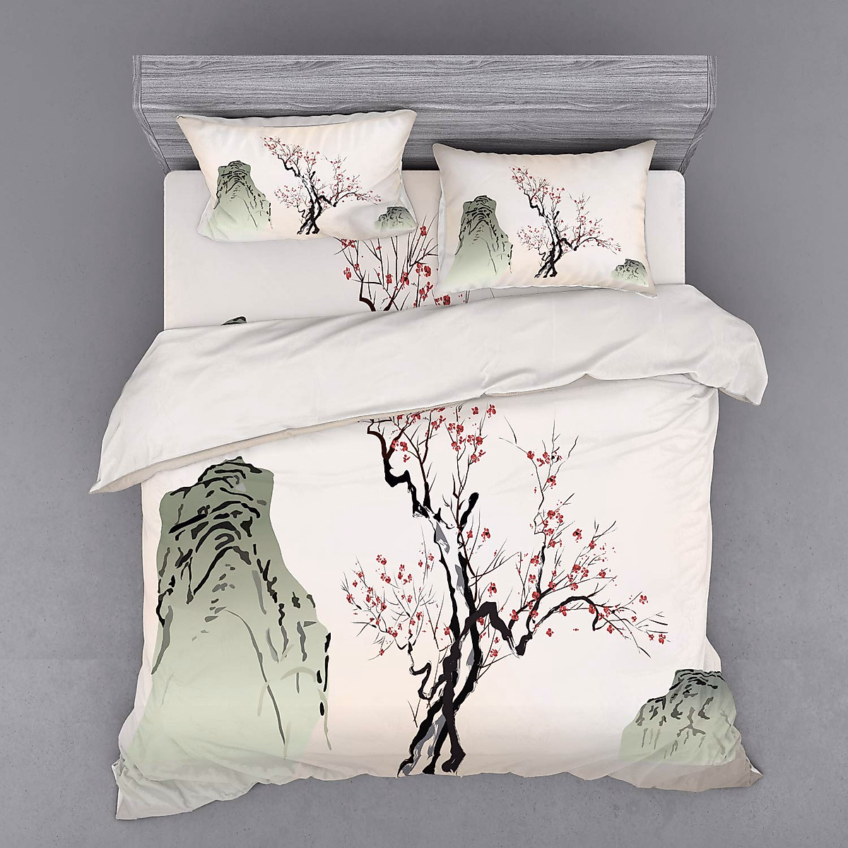 Lunarable Cherries Bedding Set, Blossom Style with Branches Rocks, 4 Piece Duvet Cover Set with Shams and Fitted Sheet, King Size, Champagne Sage Green