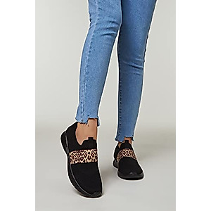 LUCKY STEP Women 's Mesh Slip on Fashion Sneaker Soft Comfortable Lightweight Walking Shoes(Black/Leopard,9 B(M) US)