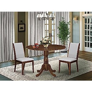 East West Furniture DLLA3-AWA-05 3 Piece Dining Room Table Set Includes a Round Wooden Table with Dropleaf and 2 Upholstered Chairs, 42x42 Inch, Antique Walnut