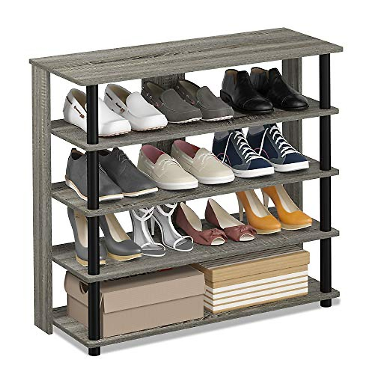 Furinno Turn-N-Tube 5 Tier Wide Shoe Rack, French Oak Grey/Black