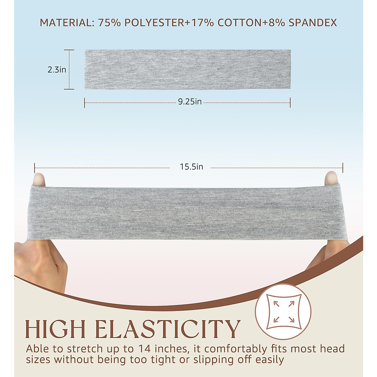 Headbands for Women 8-Pack Vibrant Yoga & Sports Sweat Headbands - Cotton Stretchy Non-Slip Hair Bands (Black,Navy Blue,Blue,Brown,Khaki,White,Light Floral Gray,Dark Floral Gray,Set1)