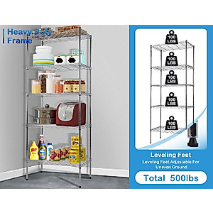 5-Tier Metal Wire Shelving Unit Tall Shelf Storage Rack NSF Certified Storage Shelves 500 Lbs Capacity Standing Utility Shelf for Laundry Kitchen Pantry Garage Organization Snack Shelf