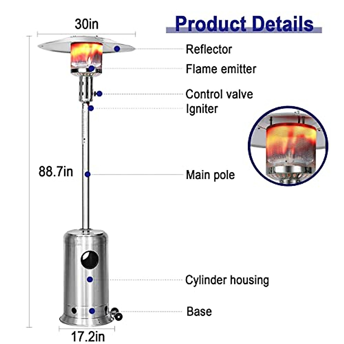 PIONOUS Outdoor Standing Patio Heater with Wheels, Powerful 48,000 BTU for Parties, Camping, Dining, Gardens, Cruises Homes - 9 Set, Silver