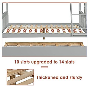 Unovivy Twin Over Full Bunk Bed with Trundle, Bunk Beds Twin Over Full Size with Guardrails and Ladder, Suitable for Kids, Teens, No Box Spring Needed, Gray