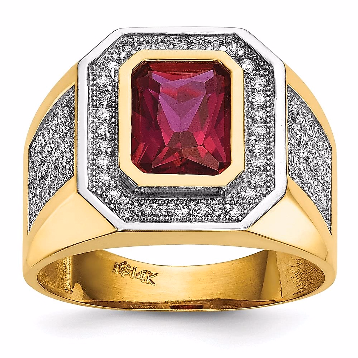 Diamond2Deal 14k Yellow Gold CZ and Emerald-Cut Red CZ Mens Ring