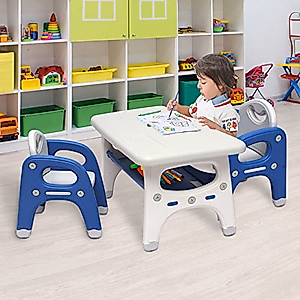 KINTNESS Kids Table and 2 Chair Set - Activity Table with Storage Shelf for Children, Toddler Table & Chair Set for Kindergarten (Blue + White)