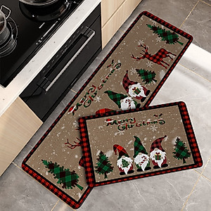 Subently Christmas Kitchen Mats Anti Fatigue Set of 2 Deco Gnome Kitchen Runner Floor Mats Non-Slip Area Carpets Christmas Tree Deer Kitchen Runner Set Country Farmhouse Washable Doorway Sink Bathroom