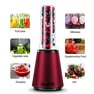 ICOOKPOT Smoothies Blender Electric Personal Size Blender for Shakes and Smoothies Frozen Fruit Vegetable Juice Blender Baby Food Maker With 2 BPA-Free Portable Sport Bottles 300W, Red