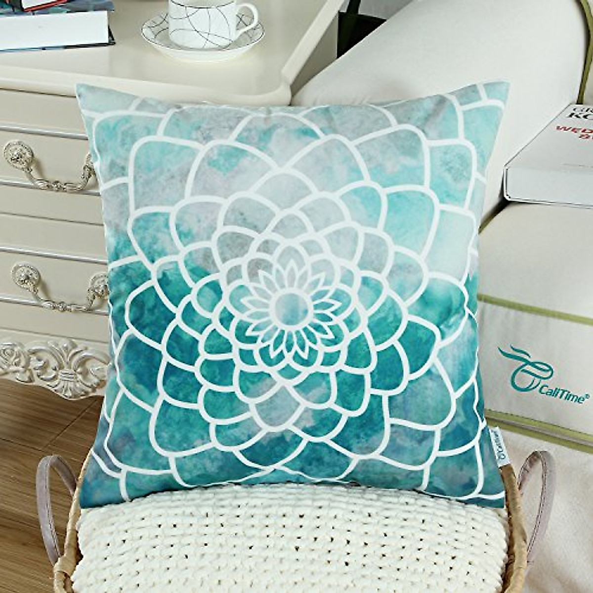 Pack of 2 CaliTime Cozy Fleece Throw Pillow Cases Covers for Couch Bed Sofa Manual Hand Painted Print Colorful Dahlia Compass 20 X 20 Inches Teal