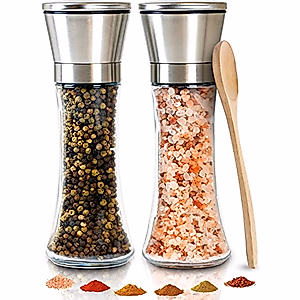 Salt and Pepper Grinder Set Of 2 - Adjustable Ceramic Coarseness, Stainless Steel, Glass Refillable Salt and Pepper Shakers & Mills For Spice, Black Peppercorn, Salt W/Wooden Spoon & Cleaning Brush