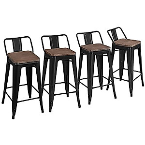 Yaheetech 26 inch Low Back Metal Bar Stools Set of 4 Counter Height Barstools with Wooden Seat Industrial Counter Stool Bar Chairs for Home Kitchen Black
