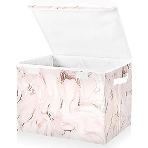 Kigai Storage Basket Rose Gold Abstract Marble Storage Boxes with Lids and Handle, Large Storage Cube Bin Collapsible for Shelves Closet Bedroom Living Room, 16.5x12.6x11.8 In