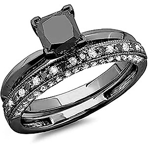 Aryan Jewels 2.30 Ct Princess & Round Cut Black White Diamond Bridal Ring Set Engagement Wedding Band Couple Ring For His & Her 14K Black Gold Finish (7.5)