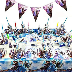 Frozen 2 birthday Party Supplies Set - 128pcs Birthday Decorations for 10-Guest Frozen 2 Theme Party includes Happy Birthday Banner,Pennant,Tablecover,Plates,Knives,Spoons,Forks,Cake Toppers,Frozen Balloons,goodie bags For Frozen Birthday Party Decoration