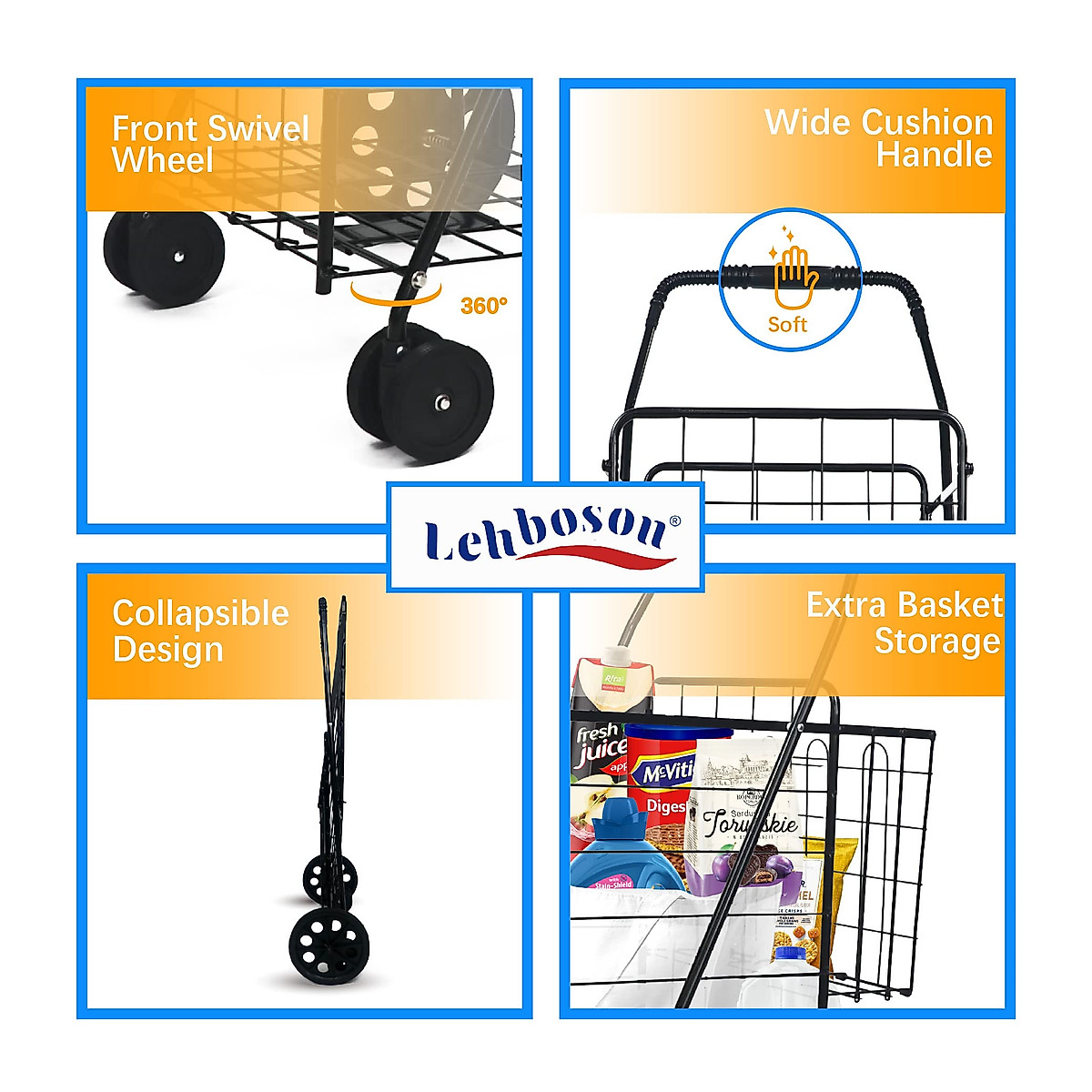 Lehboson Jumbo Folding Shopping Cart,Collapsible Shopping cart with Double Basket and 360-Degree Wheels, Utility Cart for Grocery Laundry Book Luggage Travel （Black）