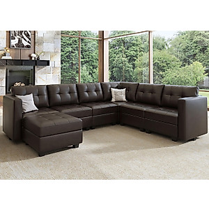 HONBAY Modular Sectional Couch with Storage Faux Leather Convertible Modular sectional Sofa u Shaped Couch with Ottomans and Chaises Faux Leather 7-Seater Sectional Sofa for Living Room, Brown