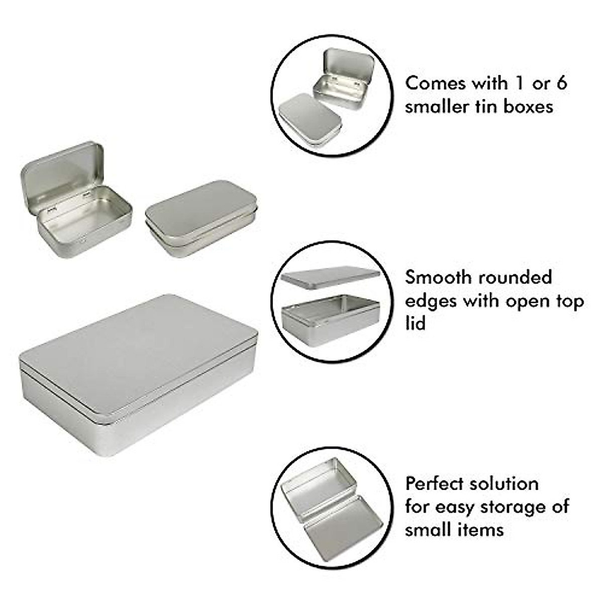 XL (8.5 x 5.3 x 1.9 In) Silver Metal Rectangular Empty Tin Box Containers for Gift Jewelry Craft Storage Organization with 1 Piece 3.75 by 2.45 by 0.8 Inch Hinged Small Tin Box (1 Large 1 Small)
