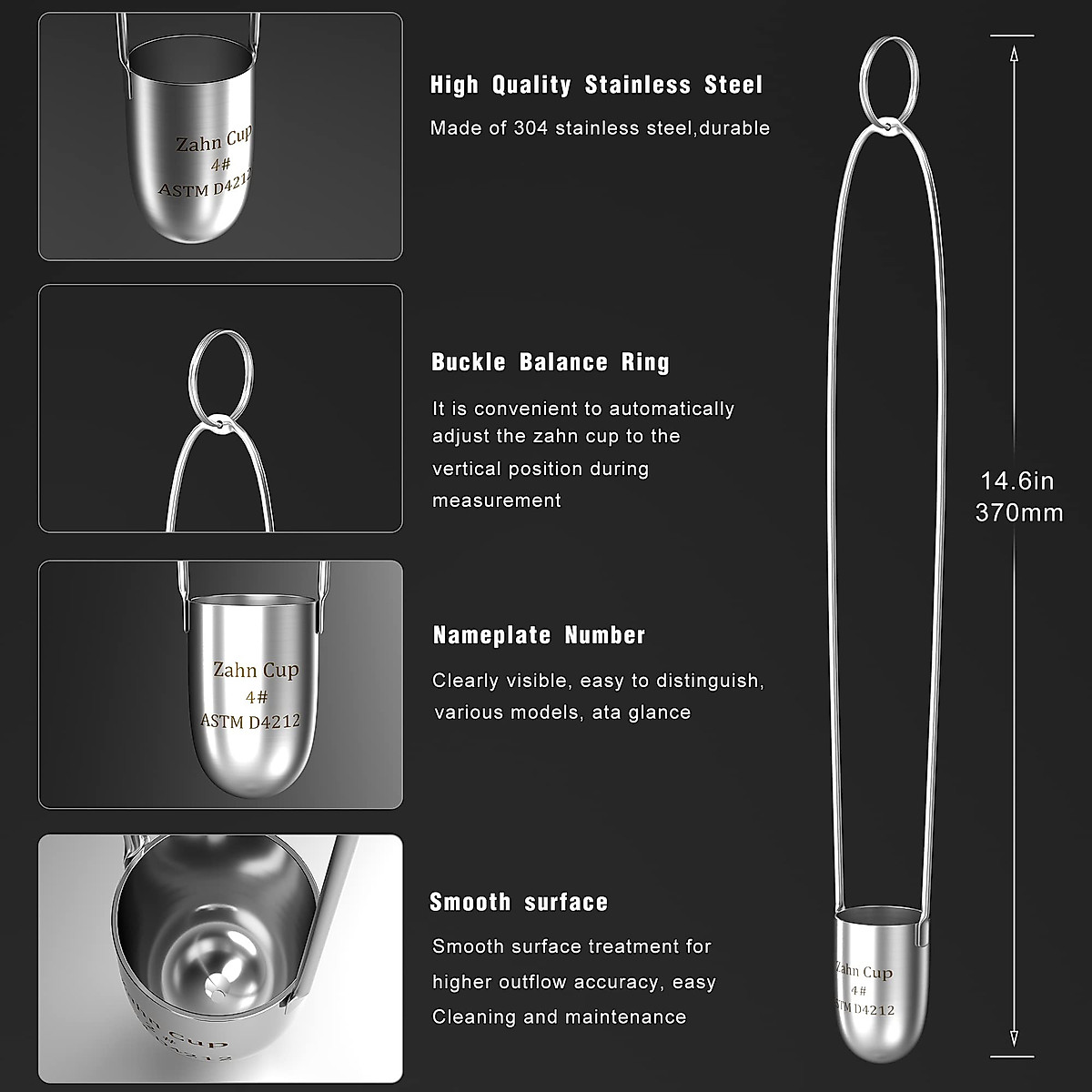 Viscosity Cup No. 4 Zahn Cup, 4 Viscometer Dip Type 44ml Viscosity Cup for Paint Sprayer, Stainless Steel Flow Cup for Oil Paint Finishes Honey Sauce
