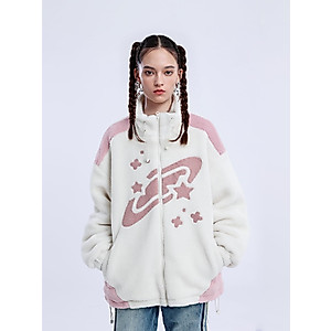 Aelfric Eden Womens Fleece Sherpa Jacket Zip Up Winter Jackets Star Sky Patchwork Oversized Unisex Casual Warm Fuzzy Coat