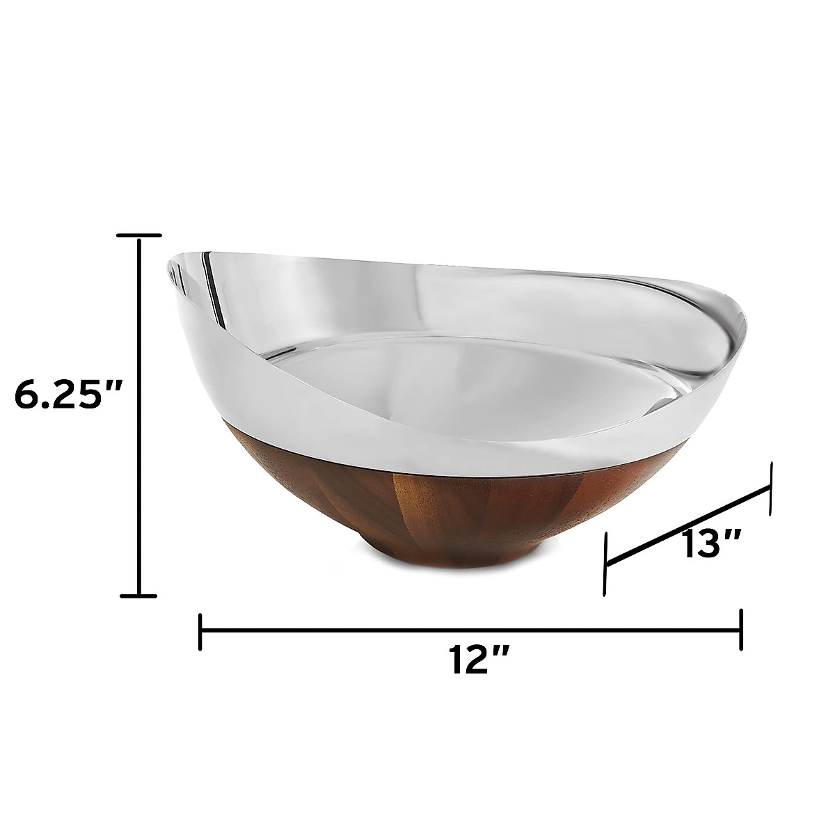 nambe Pulse Salad Bowl w/Servers | Large 13 Inch Salad Bowl with Serving Utensils | 3 Piece Decorative Wooden Salad Bowl Set | Made of Stainless Steel and Acacia Wood | Bowl is Dishwasher Safe