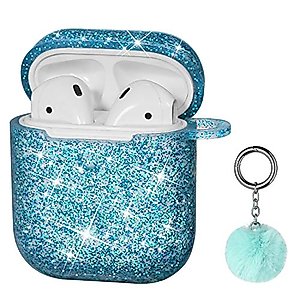 Airpods Case, DMMG Airpods Case Cover Silicone Skin, AirPods Protective Bling Glitter Case with Fluff Ball Keychain, Scratch Proof and Drop Proof for Apple Airpods 2&1