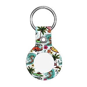 Hawaiian Surfer Retro Palm Trees Flowers Leather AirTag Case Compatible with Apple AirTag, 1-Pack Keychain Anti-Scratch Protective Skin Cover for Dogs Keys Backpack (2021)