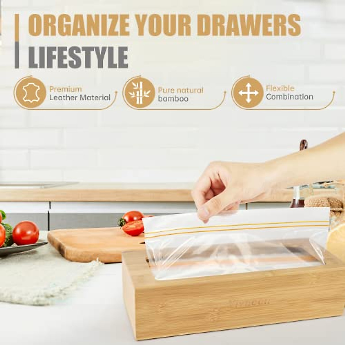 Vivnoon Ziplock Bag Organizer 4pcs Separate Bamboo Drawer Organizer, Food Storage Bag Organizer, Kitchen Baggie Organization Drawer for Gallon, Quart, Sandwich and Snack Bag