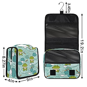 POFATO Frog Dragonfly Lotus Leaf Travel Toiletry Bag Cosmetic Makeup Bag for Women Men Hanging Hook Wash Toiletries Portable Toiletry Bags Organizer