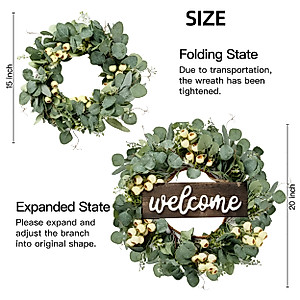 Sggvecsy Green Artificial Eucalyptus Wreath with Welcome Sign 20in Spring Summer Wreath with White Berries for Front Door Wall Window Festival Porch Farmhouse Patio Garden Decor