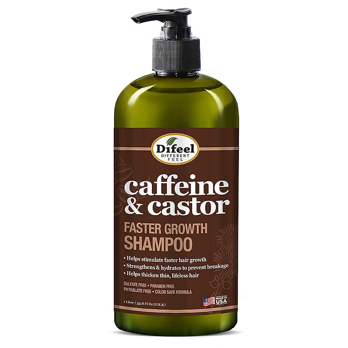 Difeel Caffeine & Castor Faster Growth Shampoo 33.8 oz., Made with Castor Oil for Hair Growth, Sulfate Free Shampoo